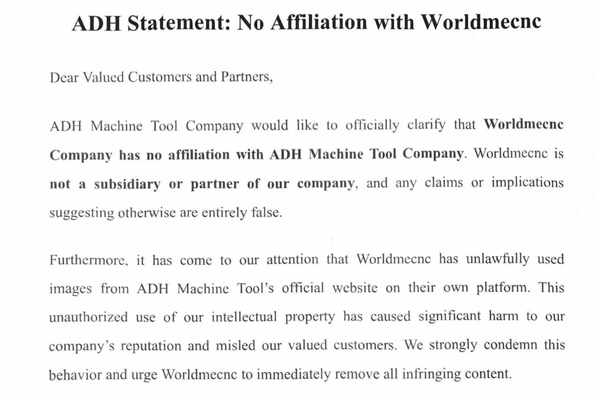 ADH Statement: No Affiliation with Worldmecnc - ADH Machine Tool